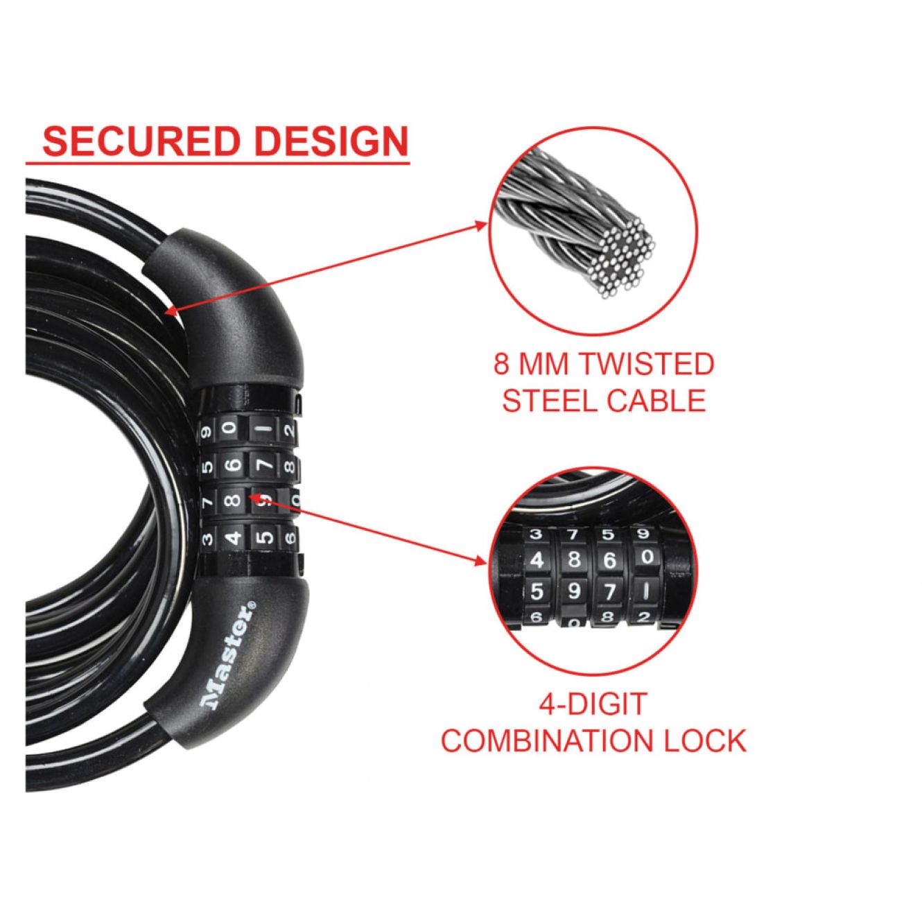 Master Lock Self Coiling Combination Cable 1.8m x 8mm MLK8221E - UKToolBox.com