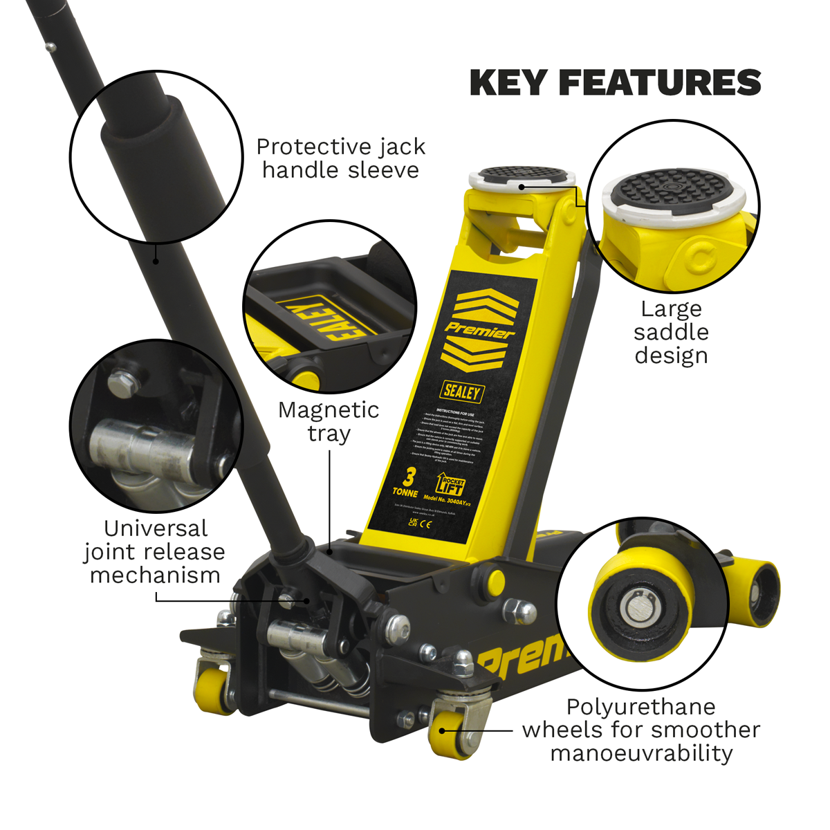 Sealey Tools Trolley Jack 3 Tonne Rocket Lift Yellow 3040AY - UKToolBox.com